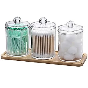 LoveBB 3 Pcs Qtip Holder with Tray, Plastic Bathroom Containers Dispenser Cotton Ball, Cotton Pads, Cotton Swabs, Floss Organizers Canisters with Lids