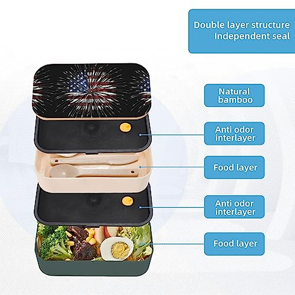 American Flag Firework Premium Bento Lunch Box, 2 Compartments Leakproof Lunch Box With Cutlery For Adults, Microwave & Dishwasher Safe
