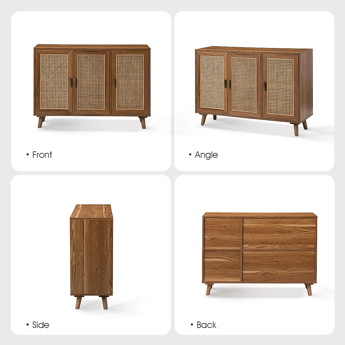 HULALA HOME Accent Storage Cabinet with 3 Natural Rattan Doors & Wood Legs, 2-Tier Shelf Sideboard Buffet Cabinet, Cupboard Console Table for Living Room, Entryway, Dining Room, Hallway (Walnut)