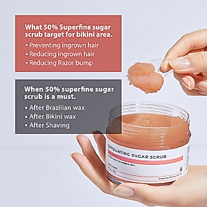 YNOTCARE Exfoliating Sugar Scrub-For Bikini Intimate Area, Sensitive Skin, Prevent Ingrown Hair and Razor Bumps After Brazilian Wax And Bikini Shave, Strawberry/8.81oz