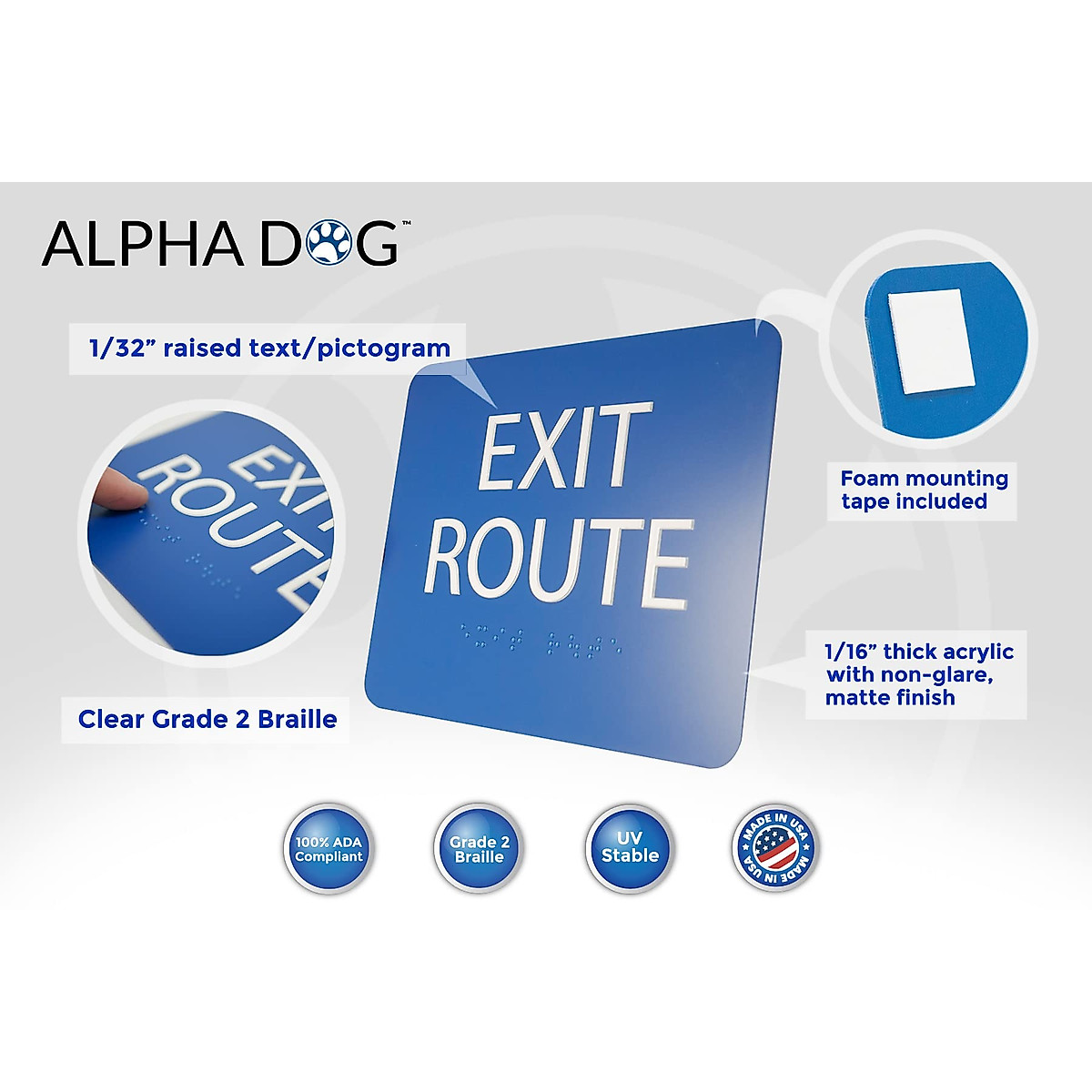 ALPHA DOG ADA SIGNS - Exit Route Sign with Braille for Your Business, 5x6 Inch, ADA Compliant, Indoor or Outdoor, Easy Installation, Made in the USA, Blue