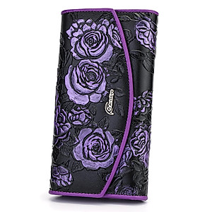 ArtsEye Roses Embossed Genuine Leather Trifold Wallet Purse (Purple)