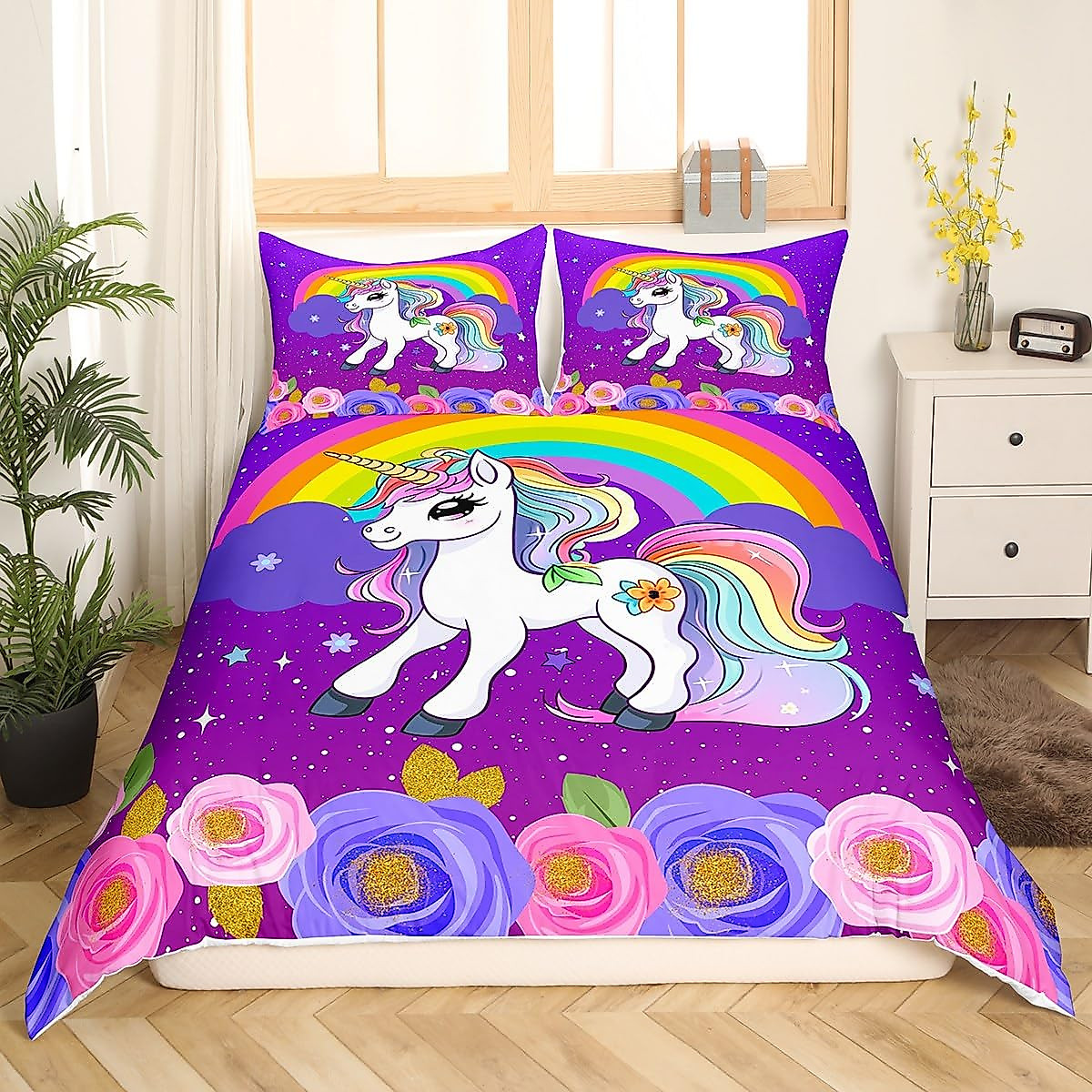 Cute Unicorn Kids Duvet Cover Set Twin Size,Rainbow Stars Cloud Dreamy Bedding Set,Girls Women Room Decor,Cartoon Animals Roses Castle Comforter Cover,Pink Purple Romantic Quilt Cover,1 Pillowcase