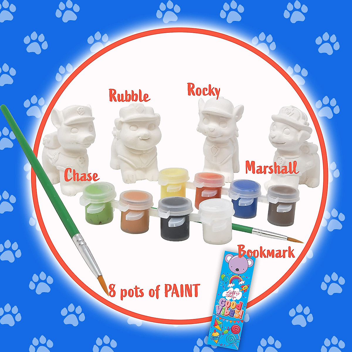 Gift Boutique Paint Your Own Paw Patrol Figurines, Paintable Art Craft Set for Kids Includes Decorating Paw Figures Marshall Rubble Chase and Rocky, 8 Pots of Paint, Paint Brush and Bookmark