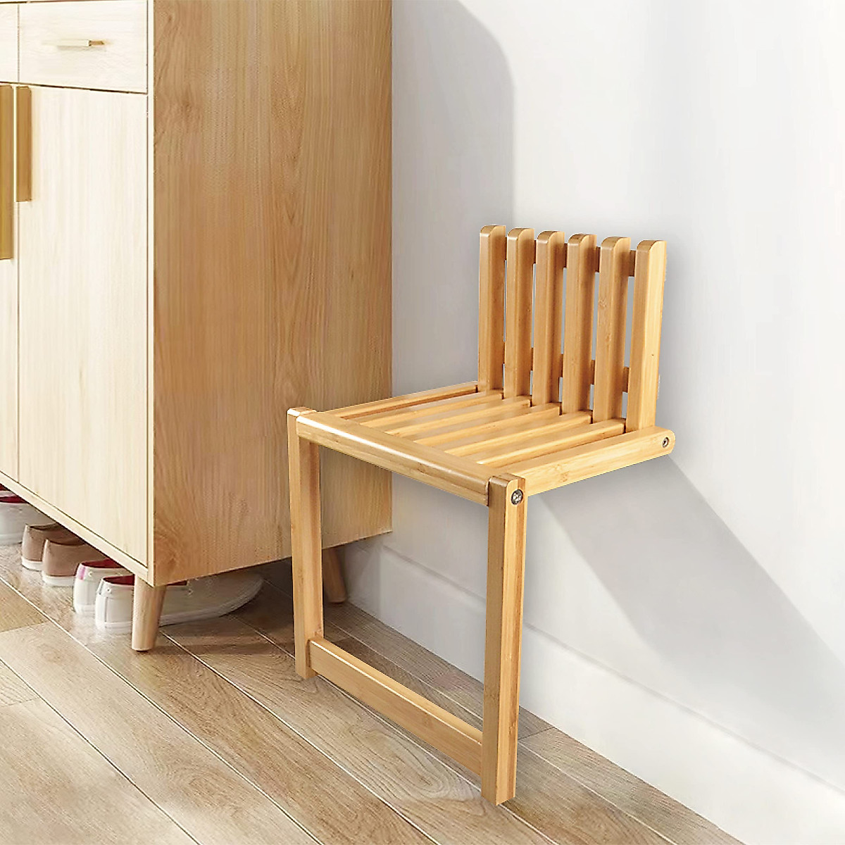 DOORTIAN Wall Mounted Folding Chair Solid Bamboo Porch Chair Door Shoe Cabinet Hidden Footstool Folding Bathroom Balcony Living Stool