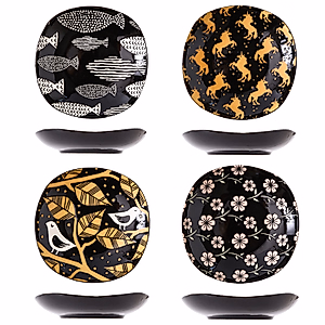 Ceramic Pasta Plates,8 inch Salad Bowls,Set of 4,Microwave and Oven Safe Plate with High Edge,Large Wide Bowls/Plates for Serving Dinner,Salad,Soup,Oatmeal,Mix-Match Pattern,Gift