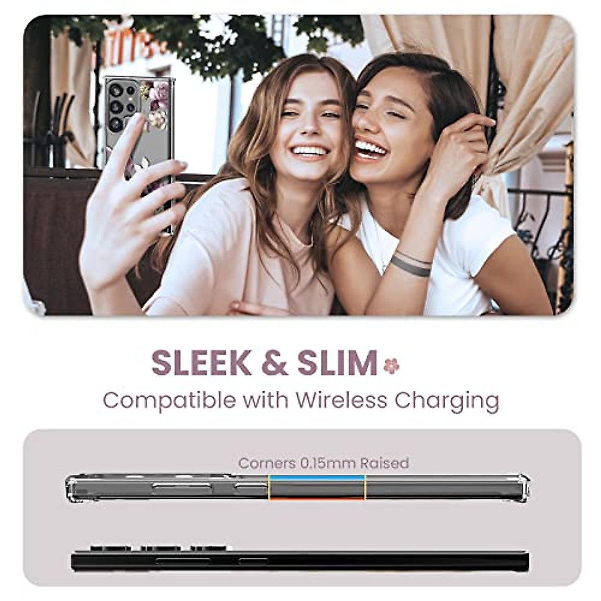 DagoRoo for Samsung Galaxy S23 Ultra Case with Tempered Glass Screen Protector, Girls Women Crystal Clear Flower Pattern Cases, Slim Fit Soft TPU + PC Shockproof Cover for Galaxy S23 Ultra (Purple)