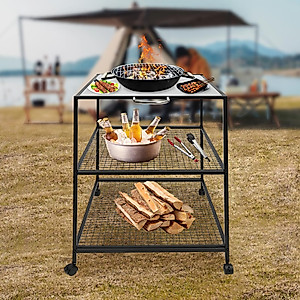 LUGBING 3-Tier Mobile Outdoor Grill Cart with Push-Pull Handle, Stainless Steel Work Cart Table, Black