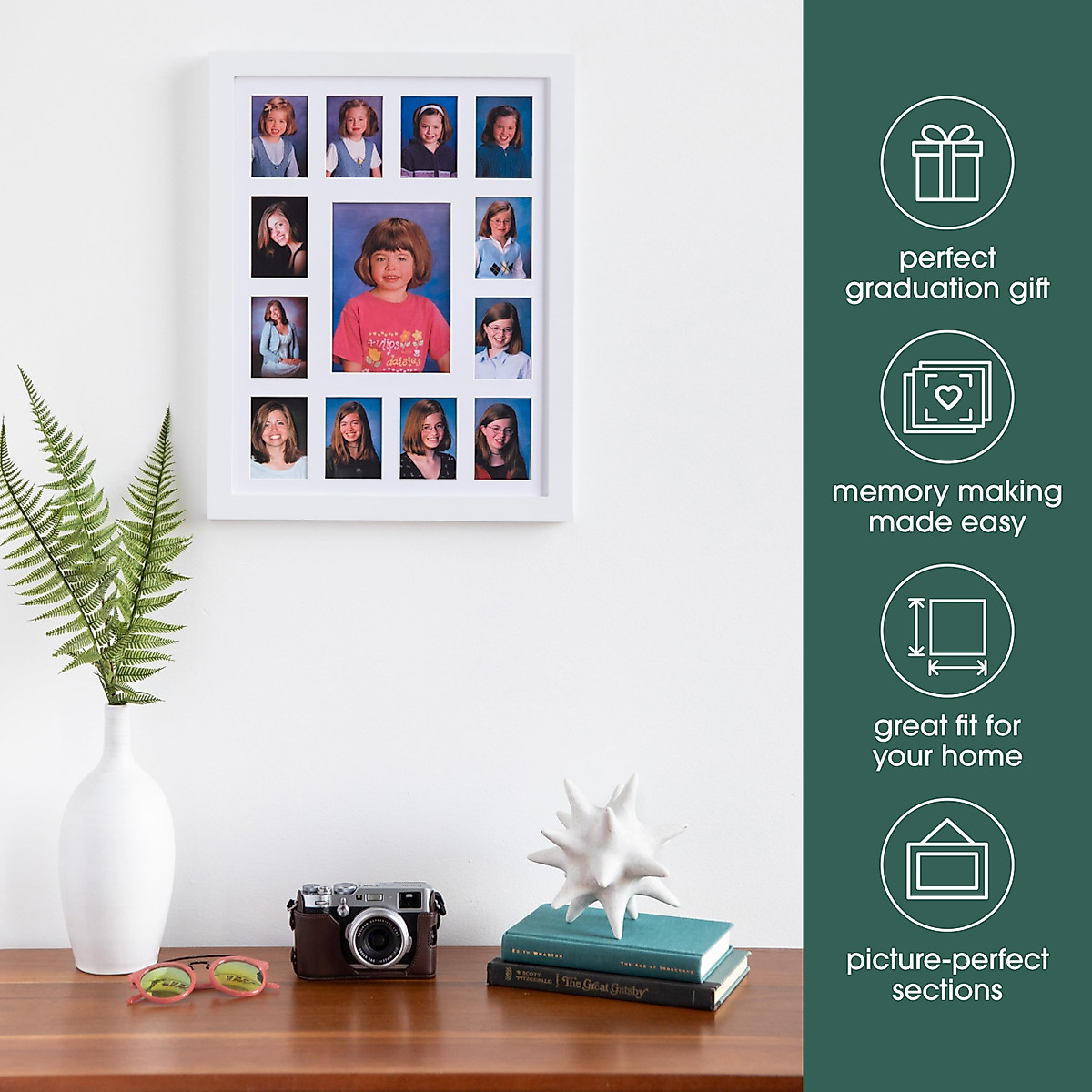 Pearhead School Years Picture Frame K-12 Keepsake, Collage Wall Decor for Kindergarten to 12th Grade Graduation, Multi Photo Display, Ideal Graduation Gift, Fits 13 Wallet Size Photos - White