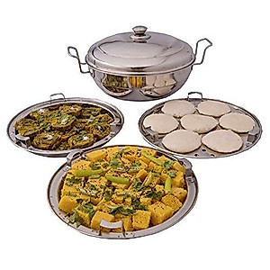 LUSTER Premium Heavy Duty All-in-One Stainless Steel Idli Cooker Multi Kadai Steamer with Induction Bottom Pot Set Includes, Big Size with 5 Plate (2 Idli, 2 Dhokla, 1Patra, Silver)