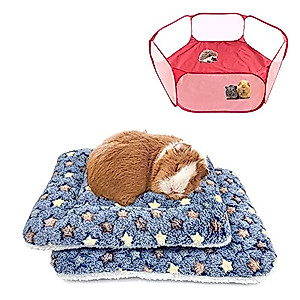2 Packs of Square Plush Guinea Pig Bed and 1 Small Animals Playpen, Cozy Hamsters Sugar Glider Hedgehog Sleep Bed, Rabbit Cage Accessories Mat