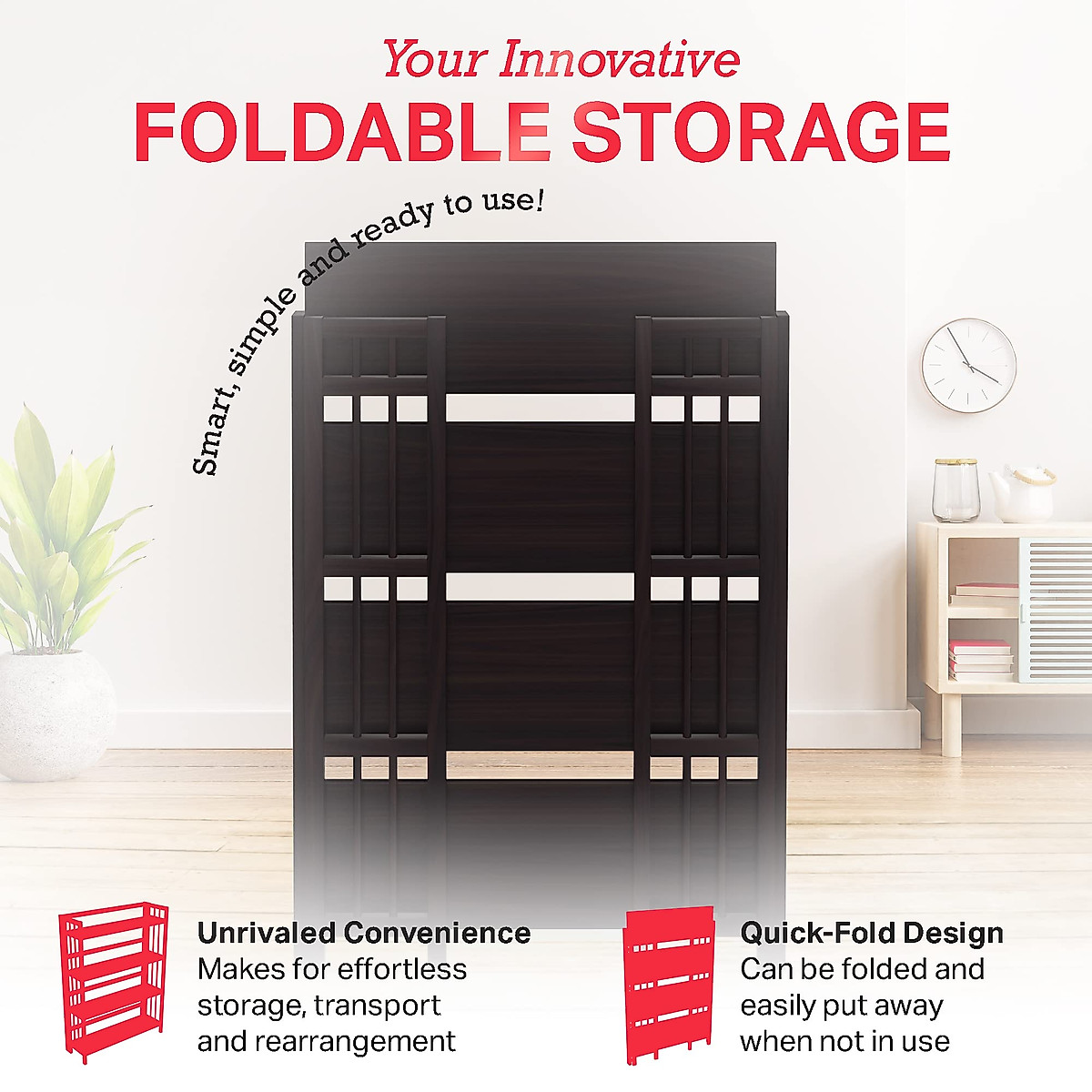 Stony Edge 4-Tier Folding Bookshelf | Espresso Wood Finish | 45x32x11.5 Inches | Book Shelf for Books and Trinkets | No Assembly Required | Foldable & Small Bookshelf for Home and Office