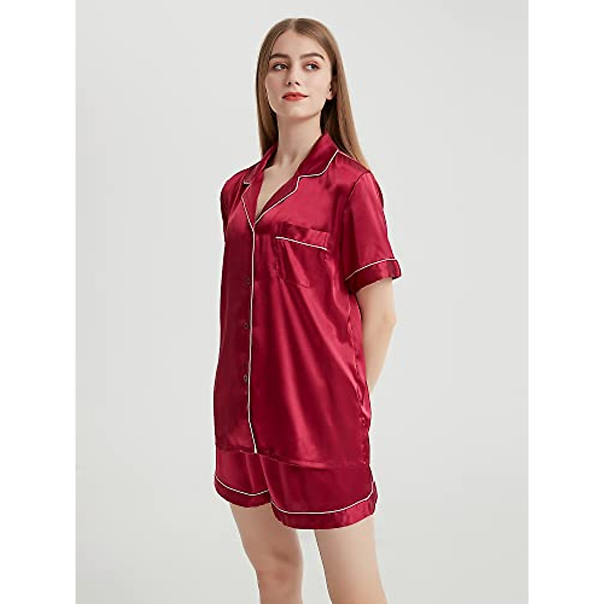 Honypove Silk Satin Pajamas for Women Super Soft Short Sleeve Womens Pajamas Sets Button-Down Sleepwear Pj Sets (Small, Wine Red)