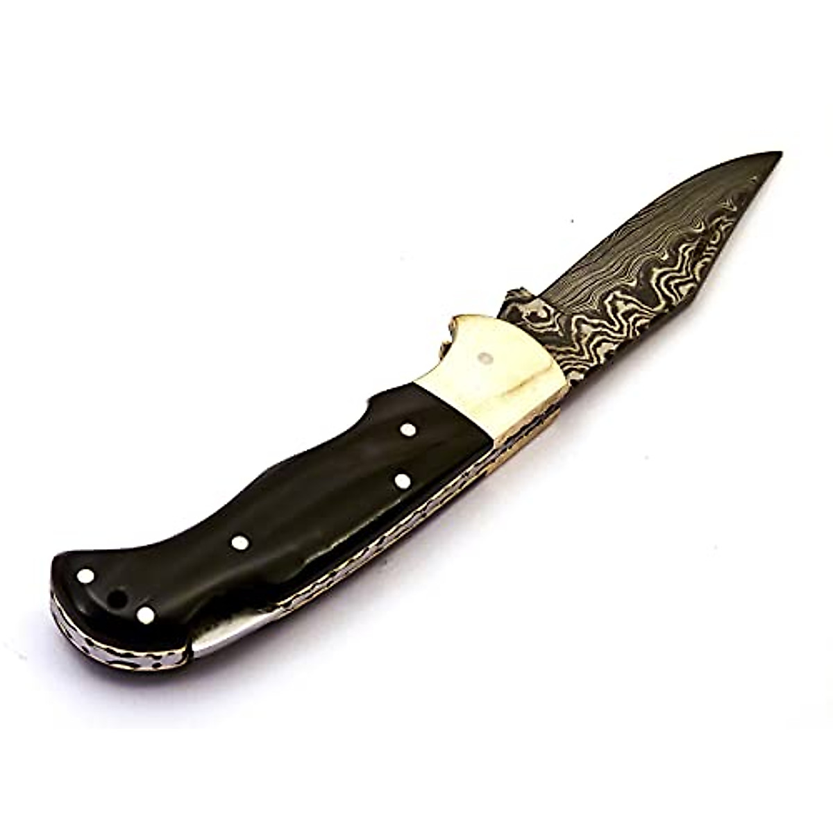 Skokie Knives Custom Hand Made Damascus Steel Hunting Folding Knife Handle Bull Horn