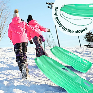 Slippery Racer Downhill Xtreme Flexible Adults and Kids Plastic Toboggan Snow Sled for Up to 2 Riders with Pull Rope, (2 Pack) (Blue/Green)