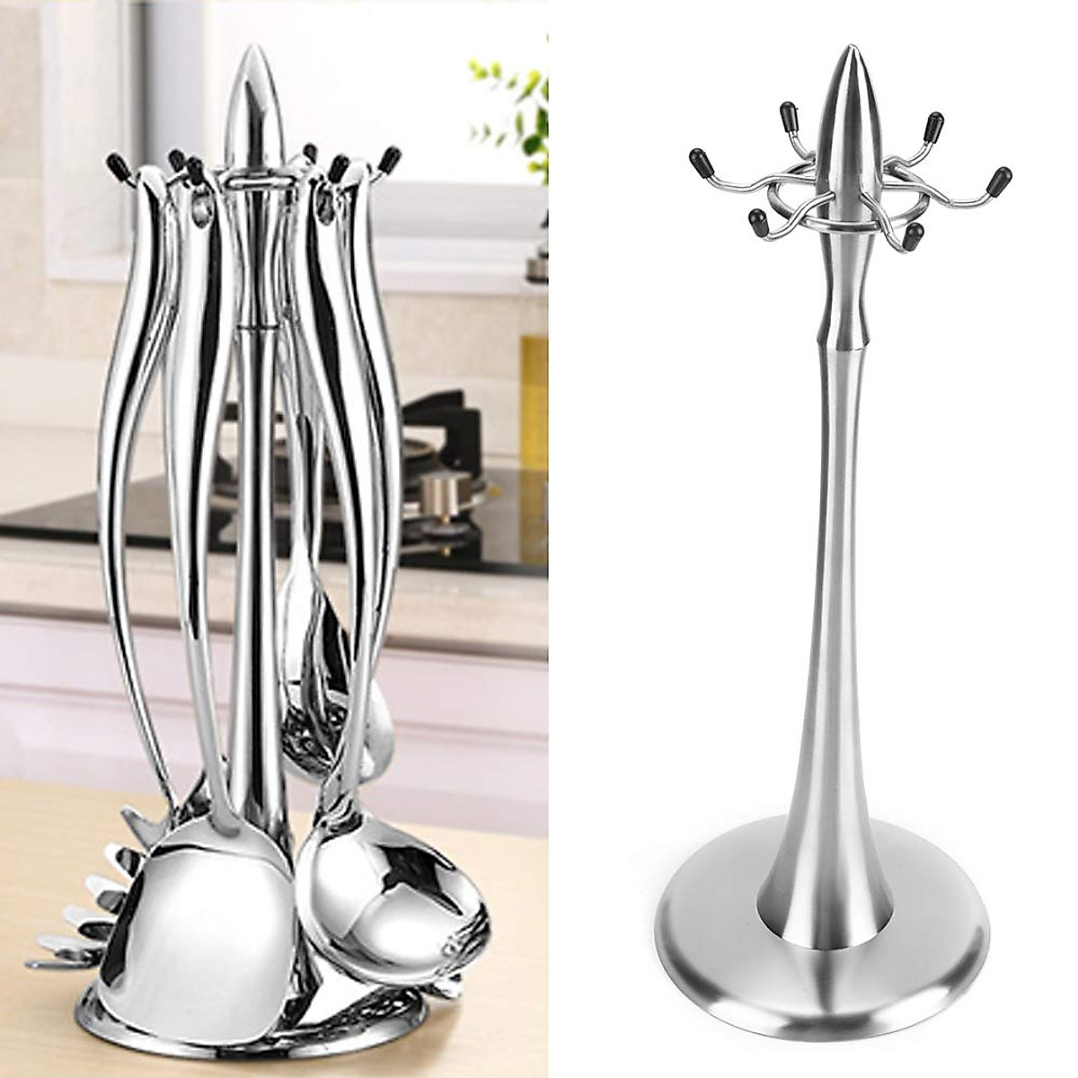 Kitchen Countertop Utensil Holder,304 Stainless Steel Cooking Utensils Set with Holder, with 8 Rotating Hooks,for Spoon, Spatula, Soup Ladle, Spaghetti Server, Skimmer