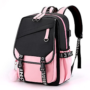Girls Lightweight Backpack Casual USB Backpack Portable Laptop Computer Bag Durable Teens Book Bag Black and Pink(17 in)