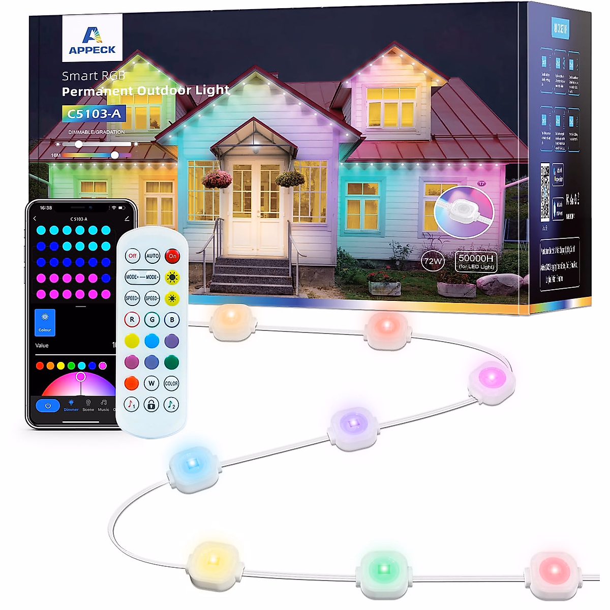 APPECK Permanent Outdoor Lights 100ft, Smart RGB Outdoor Lights with 72 LEDs, IP65 Waterproof LED Eaves Lights, 54 Scene Modes Lighting for Party, Daily, Halloween, Christmas, Roof, Garden, Patios