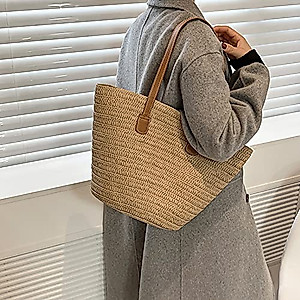 Rejolly Straw Tote Bag for Women Beach Summer Vacation Boho Rattan Handbags Large Woven Shoulder Purse with Zipper Leather Handle Purse Khaki