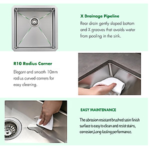 EcoChannels Undermount Kitchen Sink, 18 x 18 x 10 Inch Single Bowl Bar Sink 16 Gauge T-304 Stainless Steel Kitchen Sinks with Accessories