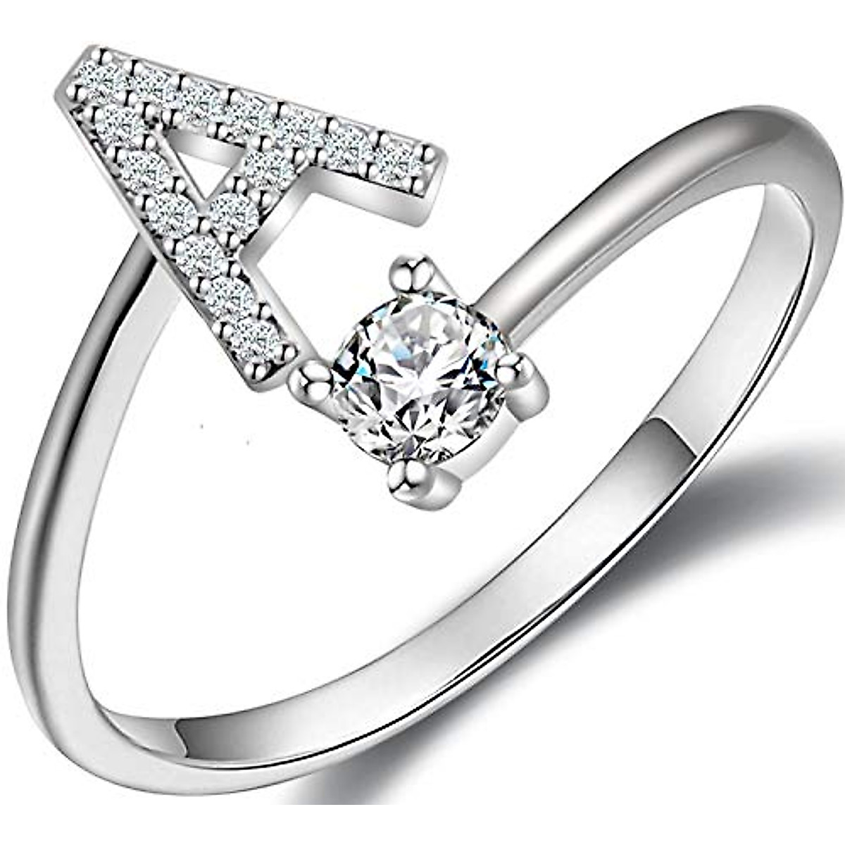 Haoze Initial Letter Ring for Women Silver Stackable Alphabet Rings with Initial Adjustable Crystal Inlaid Initial Rings Bridesmaid Gift(A)