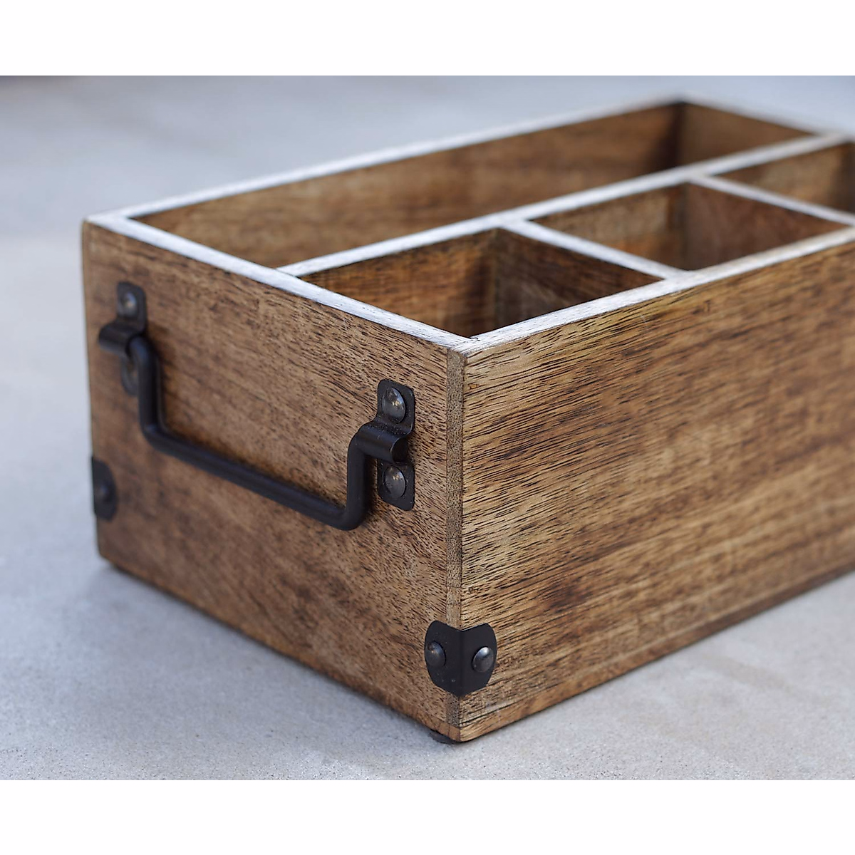 Mango Wood Utensils Caddy, Holder for Spoons, Forks, Knives, Salt Pepper, Napkins, Silverware Organizer, Flatware Holder (10.5 X 6.5 X 4.5 Inches)