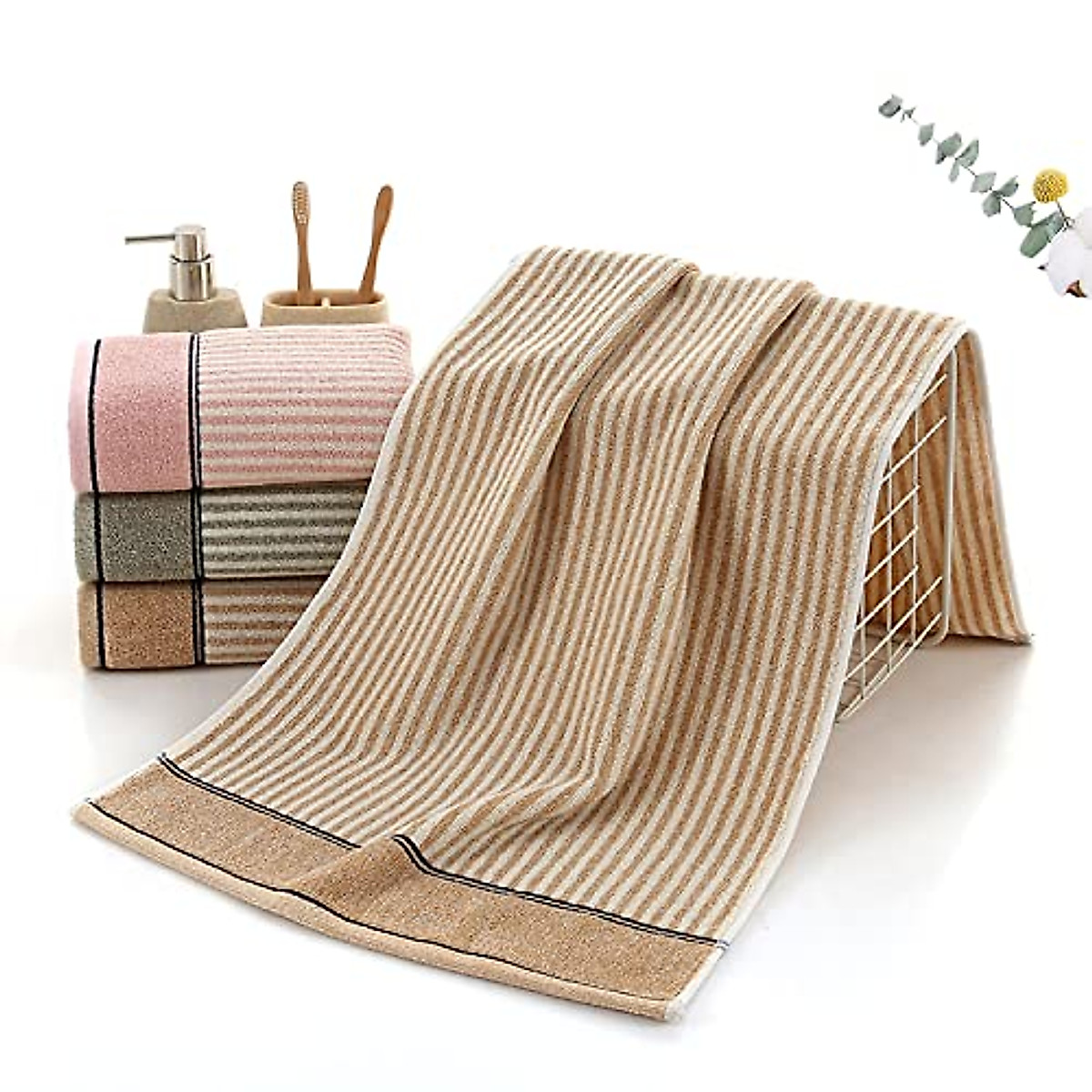 Pidada Hand Towels Set of 2 100% Cotton Striped Pattern Absorbent Soft Decorative Towel for Bathroom 13.4 x 29.1 Inch (Brown)