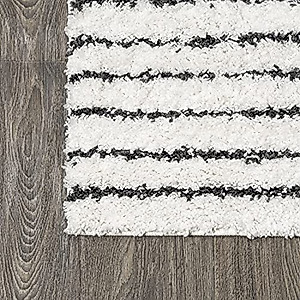 JONATHAN Y MOH407A-8 Petra Abstract Stripe Geometric Shag Indoor Area-Rug Bohemian Contemporary Glam Easy-Cleaning Bedroom Kitchen Living Room Non Shedding, 8 X 10, White/Black