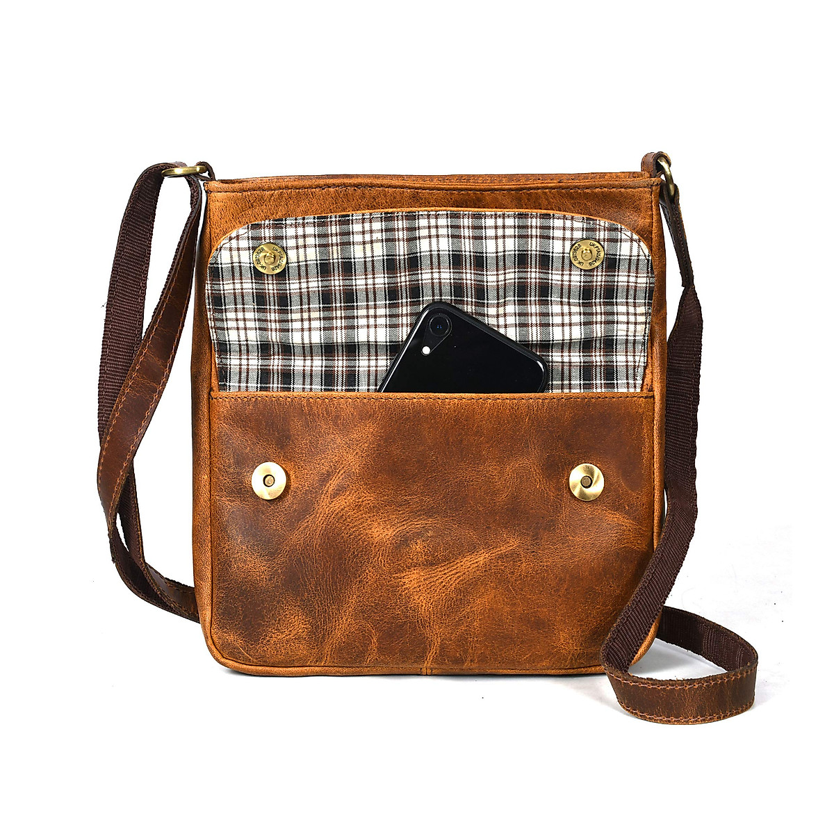 Aaron Leather Goods Women Crossbody bag with Metal Zipper Brown Black (Chestnut)