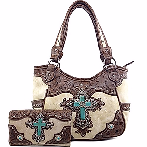 Justin West Tooled Leather Laser Cut Turquoise Rhinestone Cross Concho Studded Shoulder Tote Handbag Purse (Cream Purse and Wallet)
