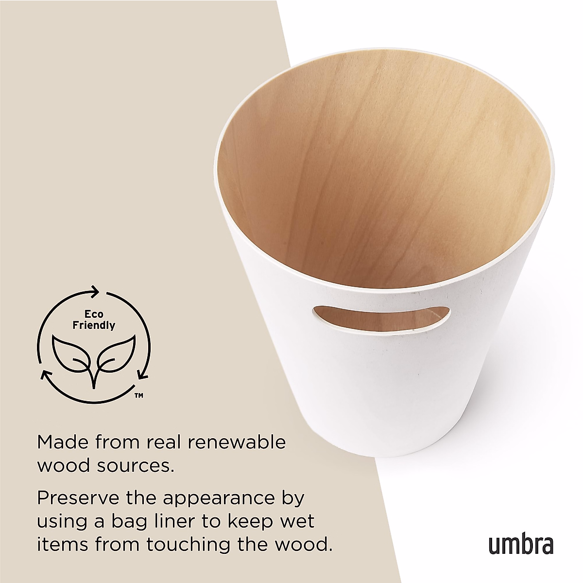 Umbra Woodrow, 2 Gallon Modern Wooden Trash Can Wastebasket or Recycling Bin for Home or Office, White