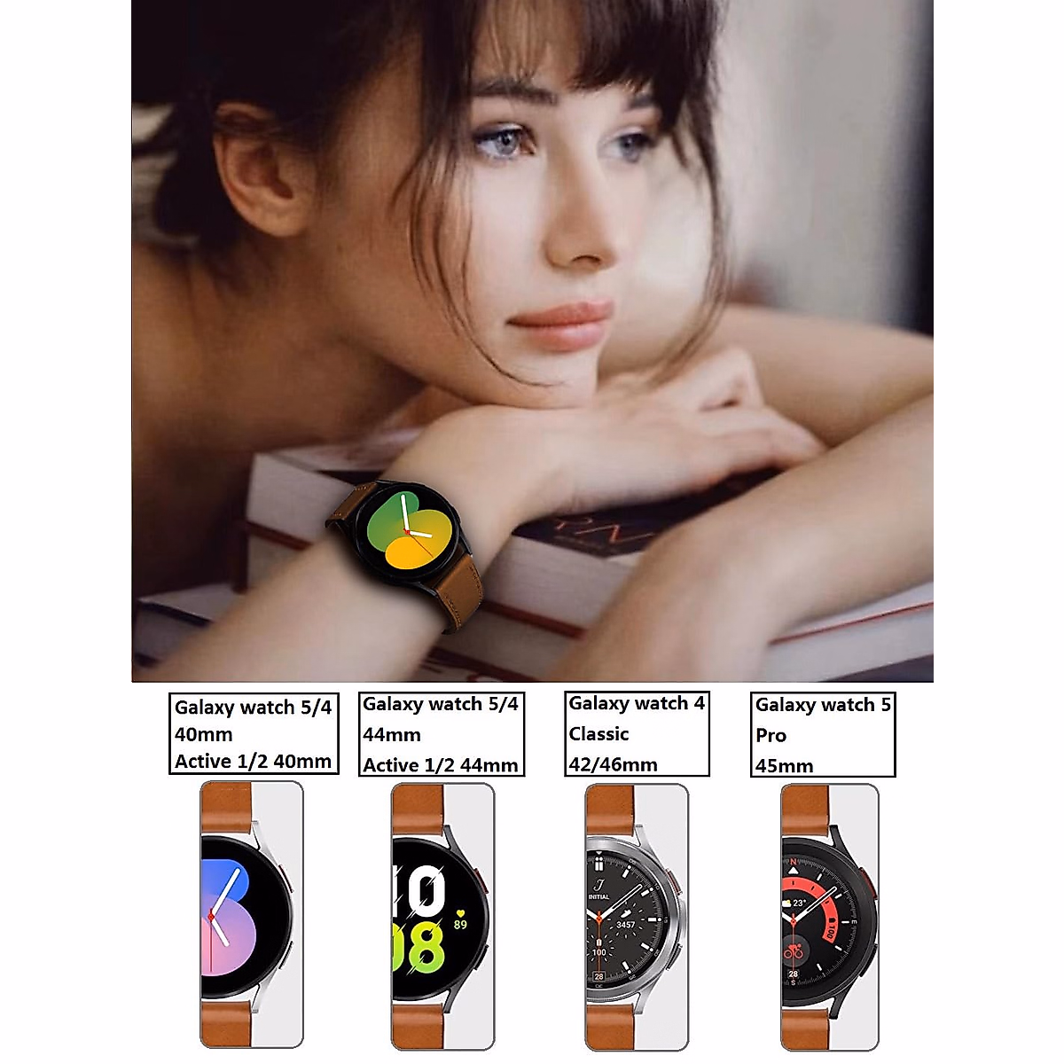 （4 Pack） Leather Band for Galaxy Watch 5 Pro 45mm/4 Classic 46mm 42mm Bands, 20mm Watch Strap Compatible for Samsung Galaxy Watch 5/4 40mm 44mm/Active 2/3 41mm Band, Brown,Coffee,Black,Blue