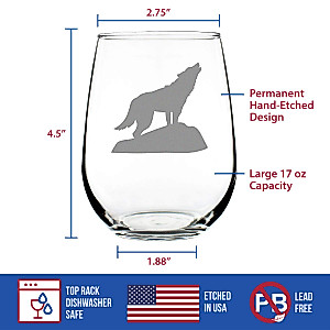Wolf Stemless Wine Glass - Cabin Themed Gifts or Rustic Decor for Women and Men - Engraved Silhouette - Large