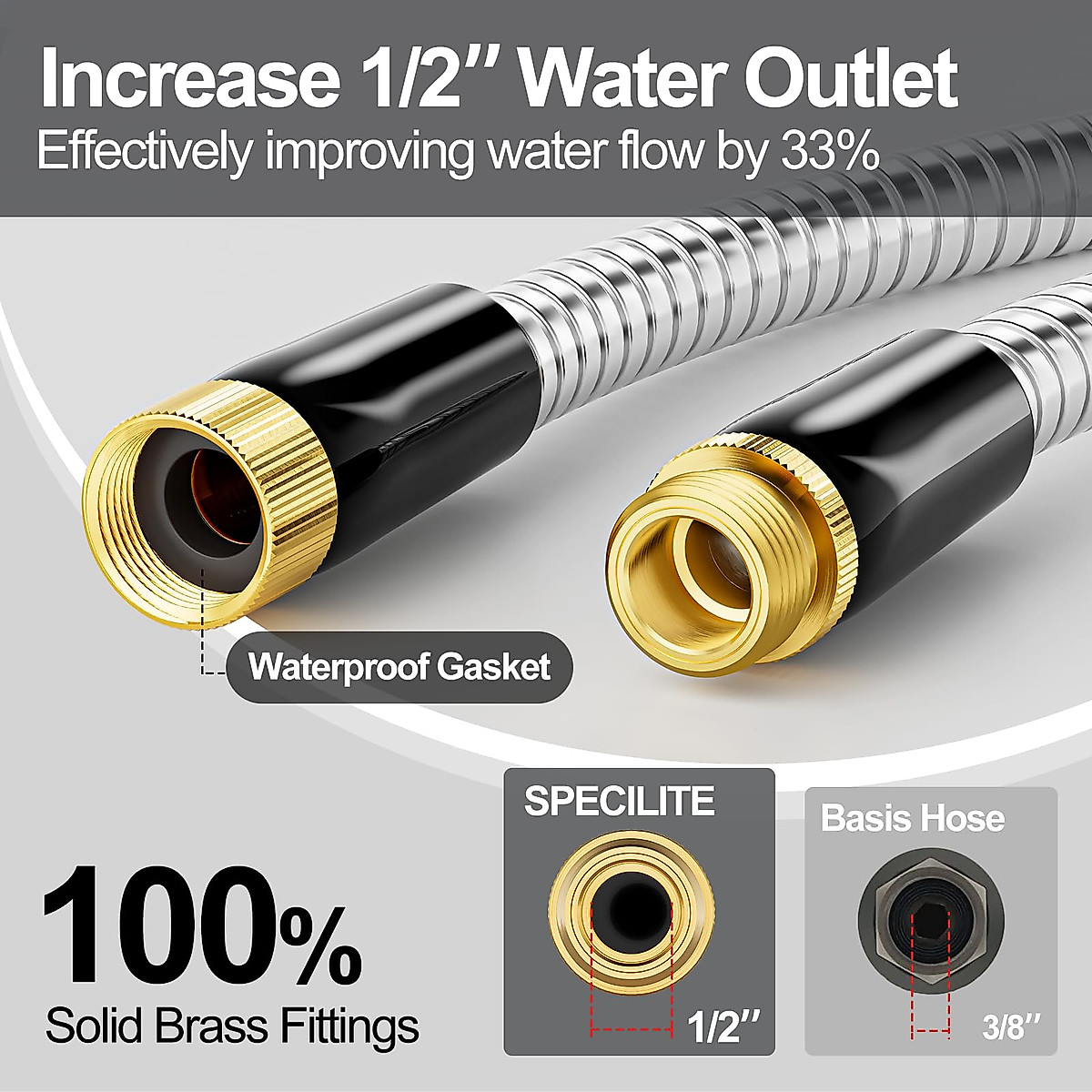 SPECILITE 1/2" 304 Stainless Steel Garden Hose, 100FT Water Pipe with Heavy Duty Metal Nozzle for Yard, Outdoor, Lawn - Flexible, Never Kink & Tangle, Puncture Resistant