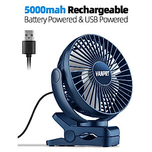 VANPRT 5000mah Clip on Fan, 6'' Portable Rechargeable Battery Fan, 7-30 Working Hours, 3 Speeds Strong Airflow, 720° Rotation, Quiet, Strong Clamp for Desk/Office/Golf/Car/Gym/Treadmill - Blue