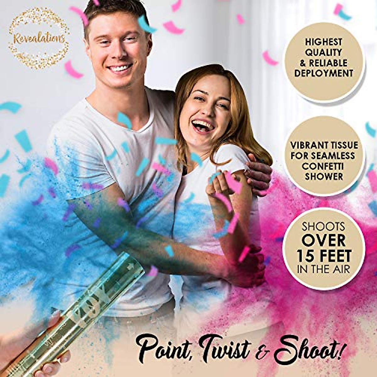 Revealations Gender Reveal Confetti Powder Cannon - Set of 4 Mixed (2 Blue 2 Pink) Gender Reveal Party Supplies - 100% Biodegradable Tissue Safe Powder Smoke