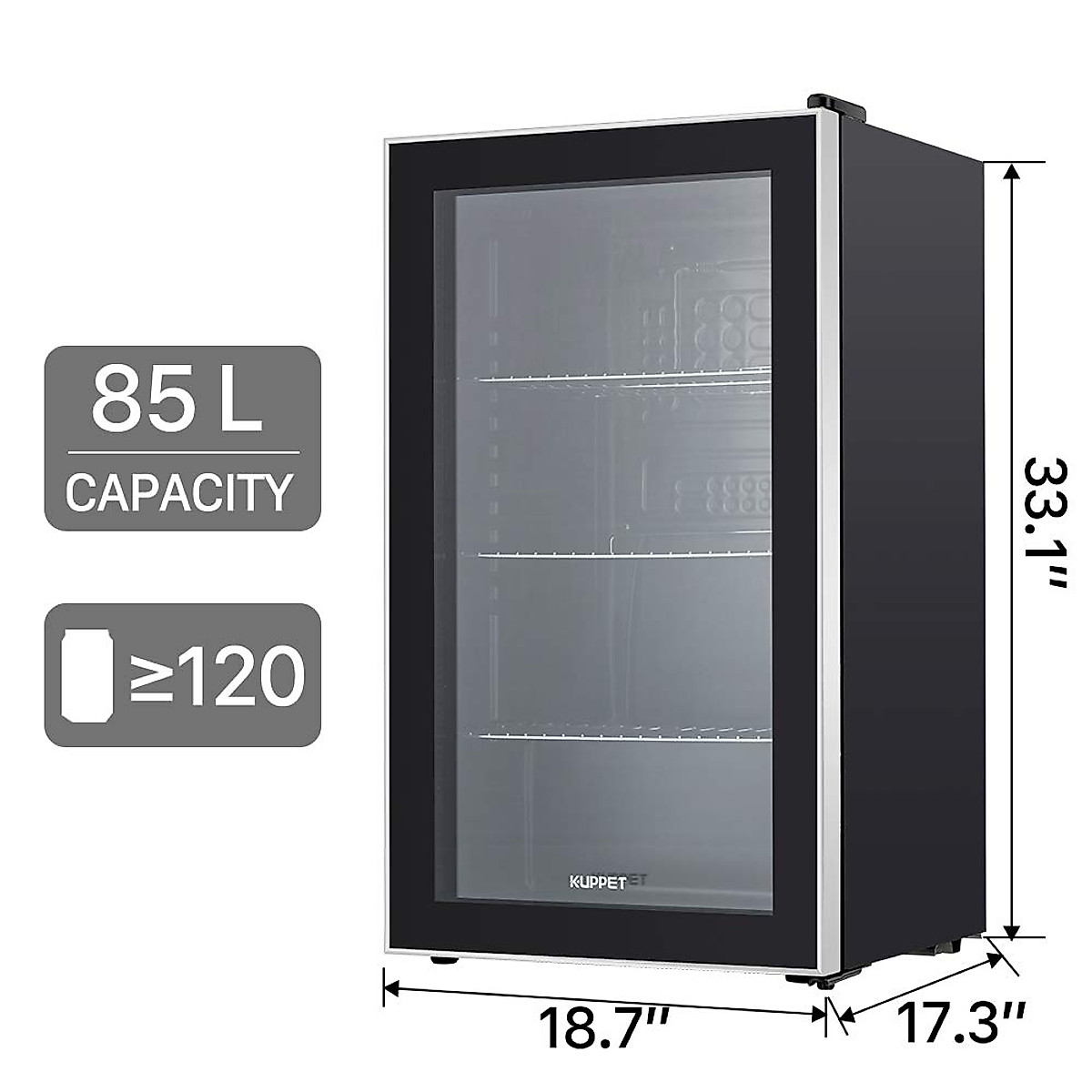 KUPPET 120-Can Beverage Cooler and Refrigerator, Small Mini Fridge for Home, Office or Bar with Glass Door, Perfect for Soda Beer or Wine, Black&Stainless Steel, 3.1 Cu.Ft
