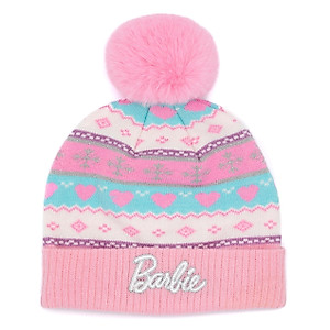Barbie Hat and Gloves Kids Girls Pink Logo Knitted Pom Winter Beanie