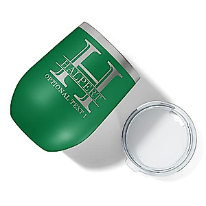 Personalized 12oz (17 Colors) Powder Coated Stainless Steel Stemless Wine Tumbler with Lid, Custom Etched, Customized Gift for Women Her, Wine Lover, Halpert Monogram Initial Name (Green)