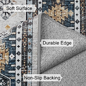 Washable Rug Living Room Rugs: 9x12 Area Rug Large Boho Medallion Distressed Carpets Indoor Soft Floor Anti Slip Carpet for Under Dining Table Bedroom Farmhouse Home Office - Blue/Orange Brown