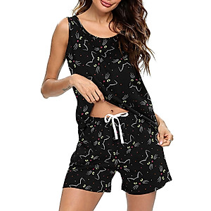 ENJOYNIGHT Womens Pajamas Set Cute Sleeveless Print Tank and Shorts Pj Set Summer Sleepwear (Medium, Black Cat)