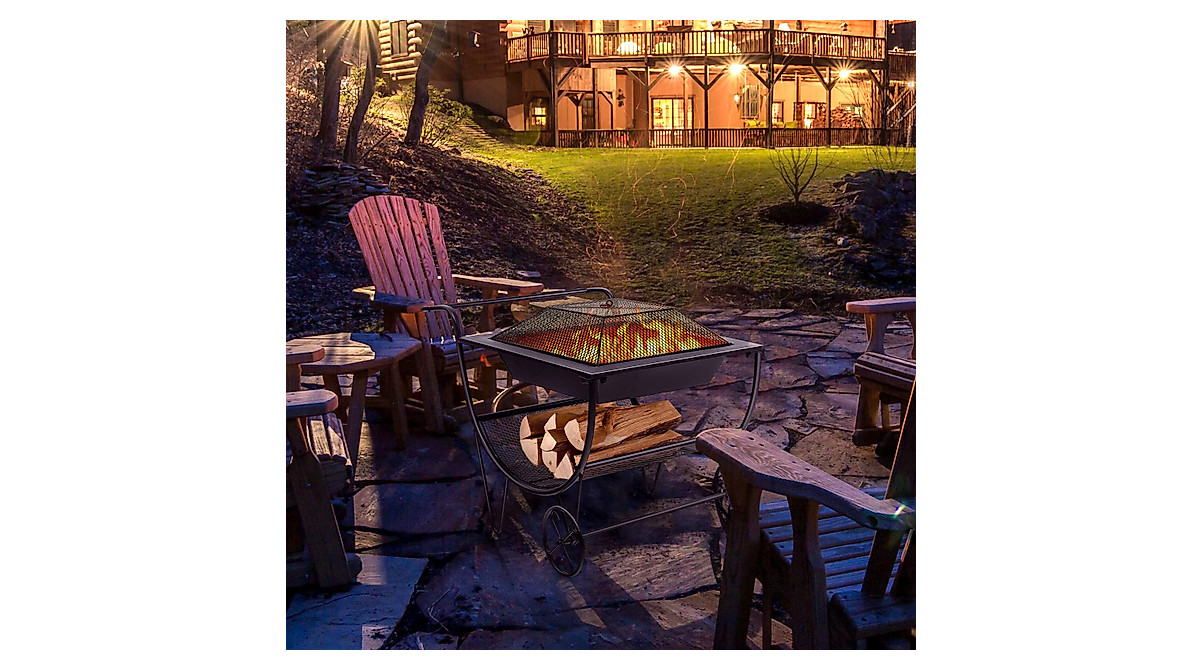 Tangkula Outdoor Fire Pit with Wheels and Firewood Log Rack, Patio Wood ...
