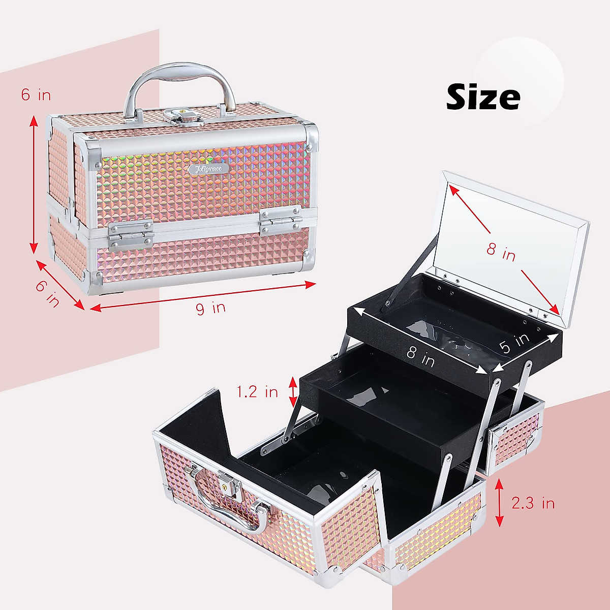 Joligrace Makeup Box Cosmetic Train Case Jewelry Organizer Lockable with Keys and Mirror 2-Tier Tray Portable Carrying with Handle Travel Storage Box