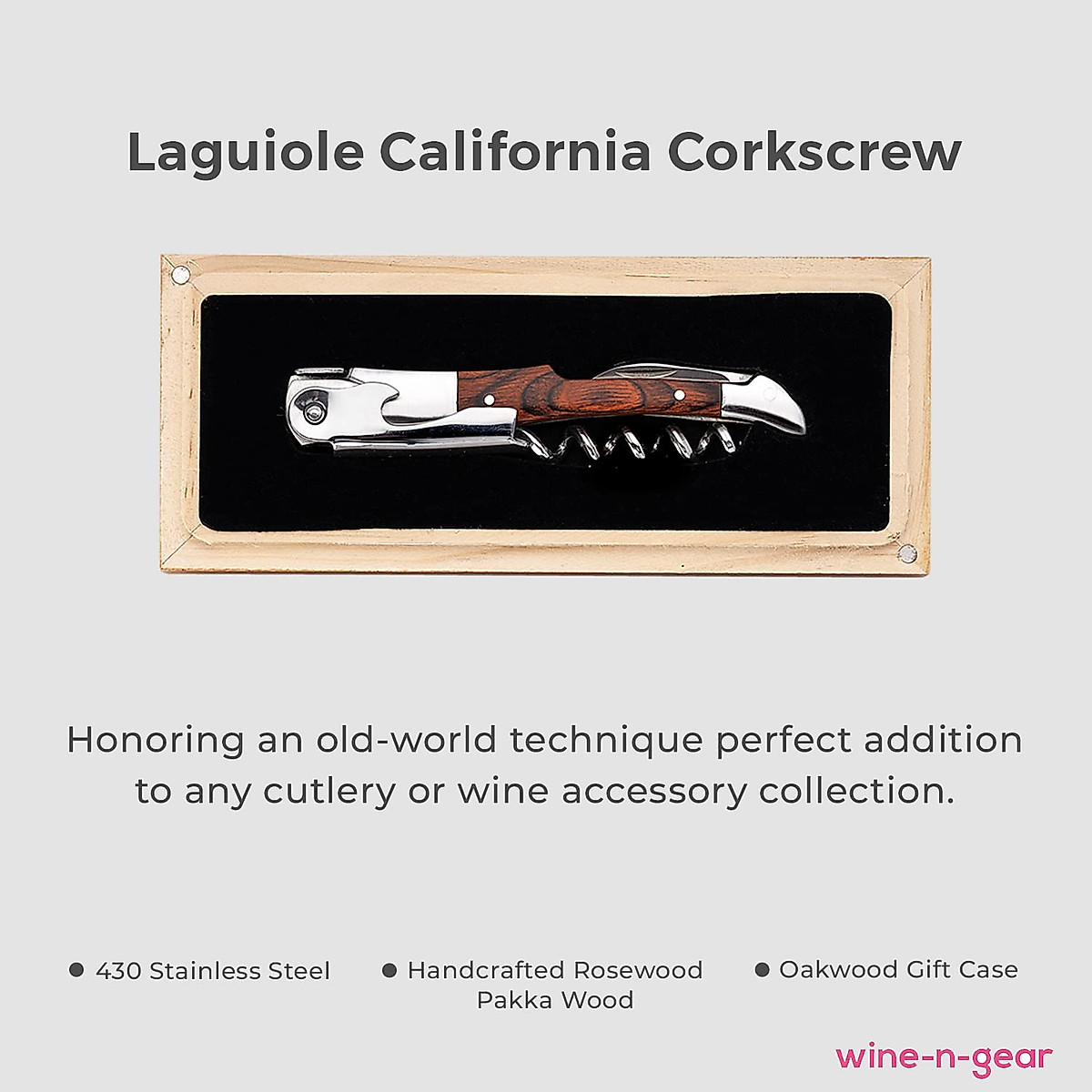 Laguiole California Waiters Corkscrew - Rosewood - Wine Bottle Opener with Ergonomic Handle for Bartenders & Gifts - Sharp Micro-Serrated Knife - Stored in a California Oakwood Gift Box