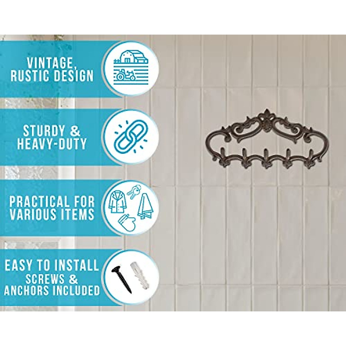 Cast Iron Wall Mounted Hanger – Vintage Design with 5 Hooks - For Keys, Towels, Robes, Clothes and More - Wall Mounted, Metal, Heavy Duty, Rustic, Vintage, Decorative Gift Idea - 12.6x5.9” | Brown