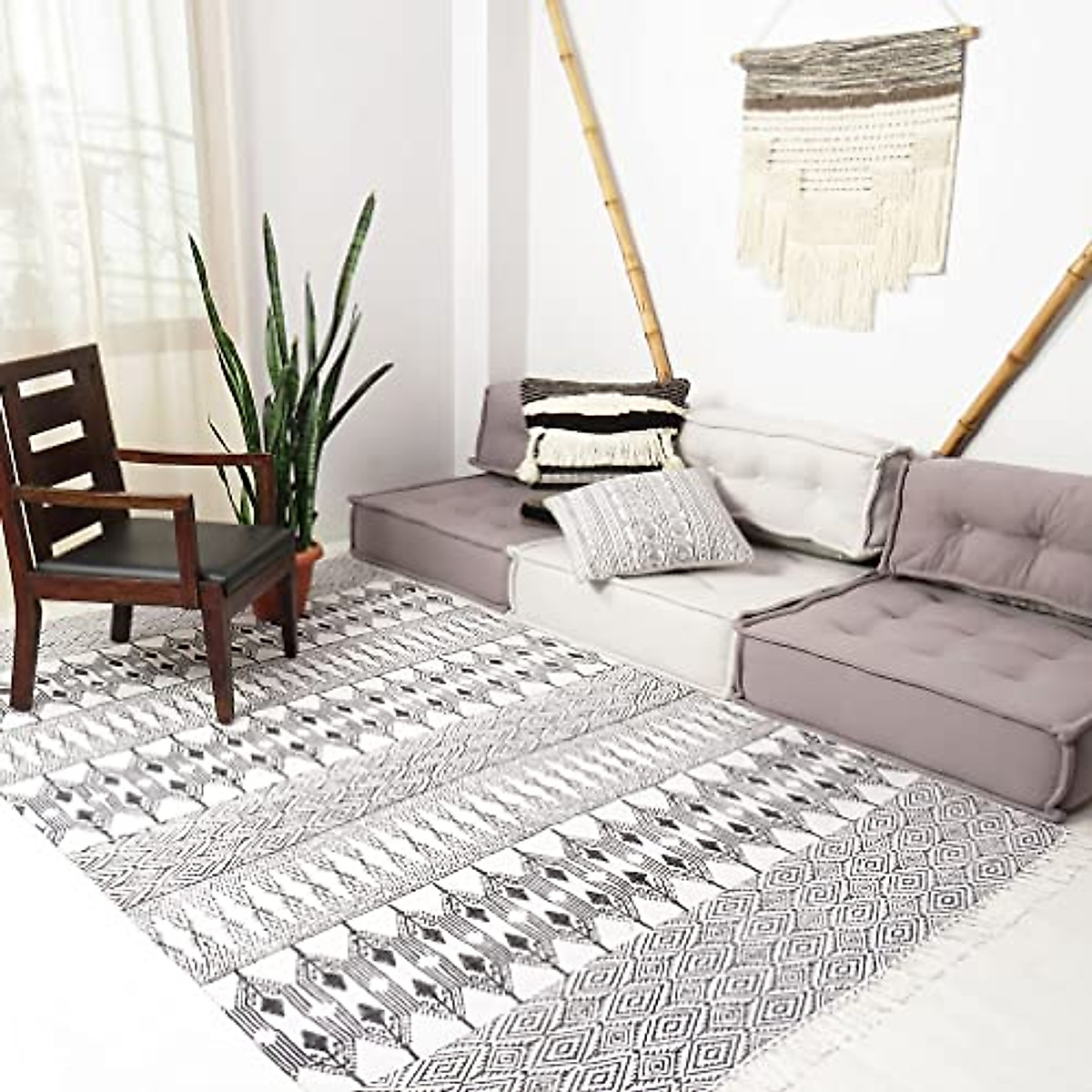 Eyes of India - 4 X 6 ft Off-White Black Cotton Block Print Area Dhurrie Rug Flat Weave Hand Woven Tassel Boho Chic Indian Bohemian Accent Handmade Handwoven