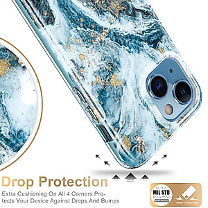 Esdot for iPhone 13 Case with Built-in Screen Protector,Military Grade Rugged Cover with Fashionable Designs for Women Girls,Protective Phone Case 6.1" Opal Marble Teal
