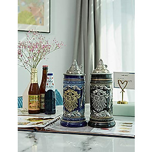 HAUCOZE Beer Stein Mug German Eagle Medallion Stanley Viking Tankard with Petwer Lid Birthday Gifts 0.6Liter