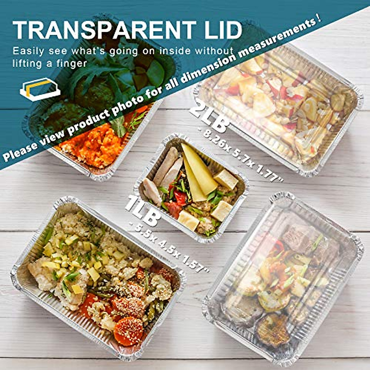 XIAFEI 1LB Aluminum Pans with Clear Lids (50PACK)，Foil Pans - to Go Food Containers，Recyclable Aluminum Foil with Strong Seal for Freshness & Spill Resistance- 5.5"x 4.5"x 1.57"