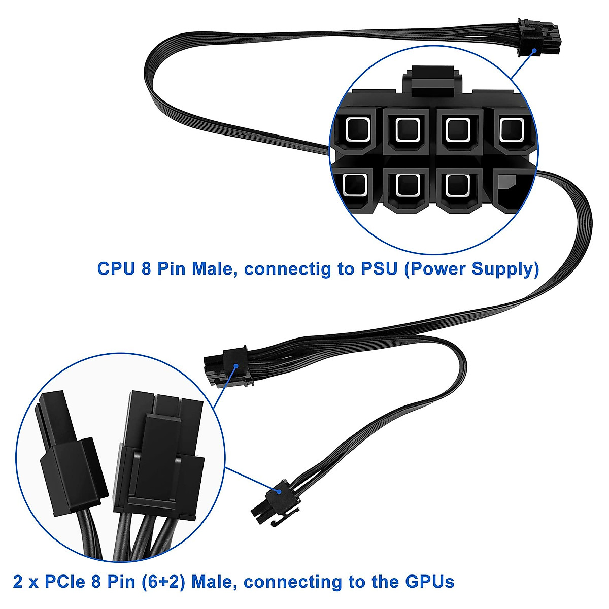 PSU 8 Pin Male to Dual 8 (6+2) Pin Male PCIE Power Cable Replacement for Corsair CoolerMaster Thermaltake Modular Power Supply (25 + 9 inches)
